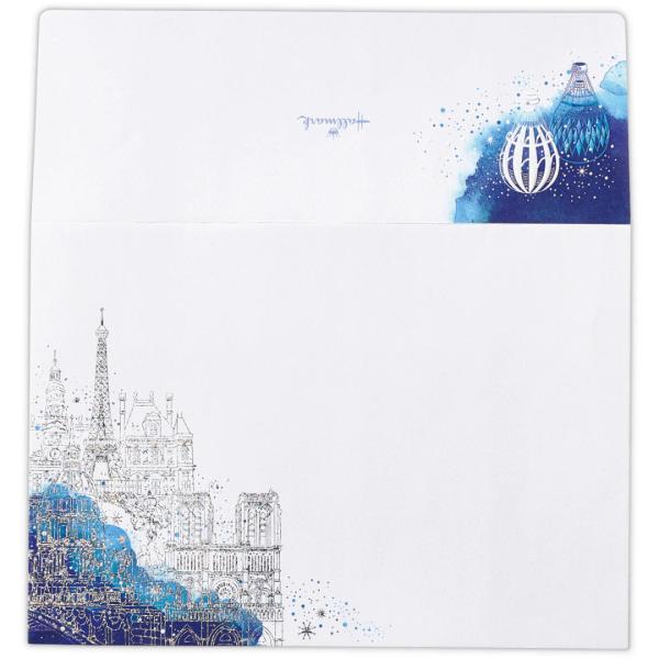 お祝い事にぴったりの上品なレターパッド用封筒です。青い空を伝って遠くの人へ想いを届ける様子をイメージしてあります。フォーマルなシーンにも最適の上質なプレミアムレターシリーズです。様々な色に輝くホログラム箔をモチーフに合わせて繊細に施してあり...