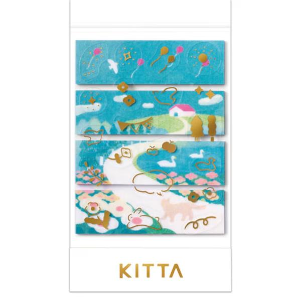 かさばらないから「持ち歩ける」切れてるから「使いやすい」コンパクトな、マスキングテープです。マスキングテープと重ねて貼ってコラージュを楽しめる透明の箔シールのセットです。1枚絵のような遠近感のある風景柄です。品番：KITC001枚数：計40...