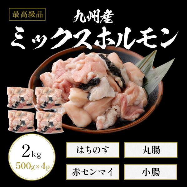 九州産のミックスホルモン。鮮度が良いので、臭みも少ないです！小腸、丸腸、赤千枚、ハチノスの4種。勿論、と蓄後即日発送致します。500g×4パックでの発送となります。商品名：こだわりミックスホルモン内容量：約2kg配送：冷凍便賞味期限：冷凍保...
