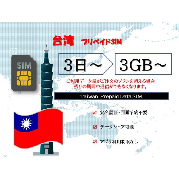 【商品特徴】(1)対応地域：台湾(2)データプラン：3GB、5GB、10GB、 30GB(3)ご利用日数：3日、5日、7日、10日、15日、30日(4)日本のアプリがそのまま現地で利用！(5)事前開通予約不要！(6)パスポートなど身分証明書...