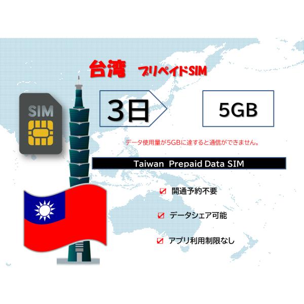 【商品特徴】(1)台湾データ通信SIM(2)3日プラン、データ容量5GB(3)簡易日本語マニュアル付き！(4)スマホにSIMを装着して、即開通！※端末によってはAPNを自動認識しない場合があります。(5)パスポートなど身分証明書の提出が不要...