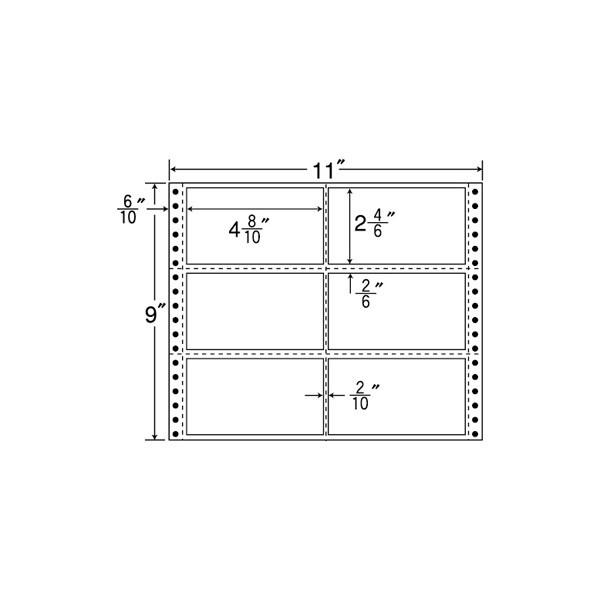▼1折りサイズ：　横11インチ（279mm）×縦9インチ（229mm）▼ラベルサイズ：　122mm×68mm▼ミシン目あり（ヨコ 2本・タテ 3本）▼面付け：　6面▼左側スペース：　6/10インチ　ラベル間左右スペース：　2/10インチ　ラ...