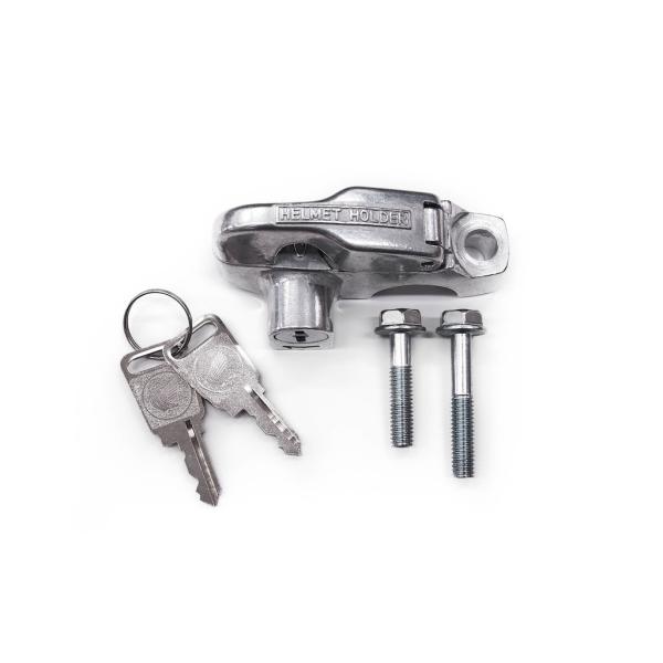 ハンドルポストに装着可能！レトロなヘルメットホルダーです。ハンターカブ（CT110）やクロスカブ（JA10型）のハンドル周りにいかがですか？※ホンダ純正部品※M6サイズ 取り付けピッチ30mm※ヘルメットホルダー、取り付けボルト2本セットの...