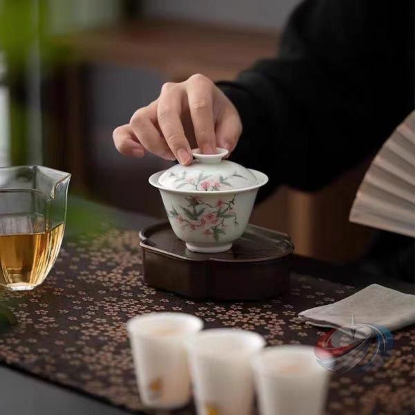 「手描き茶器」中国徳化県産 手描き茶器 「さくら」蓋碗 陶磁器 茶道具 中国茶器 台湾茶器 烏龍茶