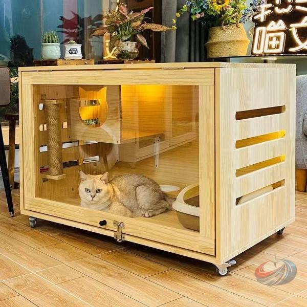 【ペット猫の陳列棚】猫に快適な住まいを提供できる絶妙な木造のキャットハウスです。【多機能キャットハウス】猫砂やお椀を入れることができるキャットハウスで、猫登り枠があり、猫が遊べます。【換気】キャッテリーは両側に通気口があり、キャッテリーの扉...