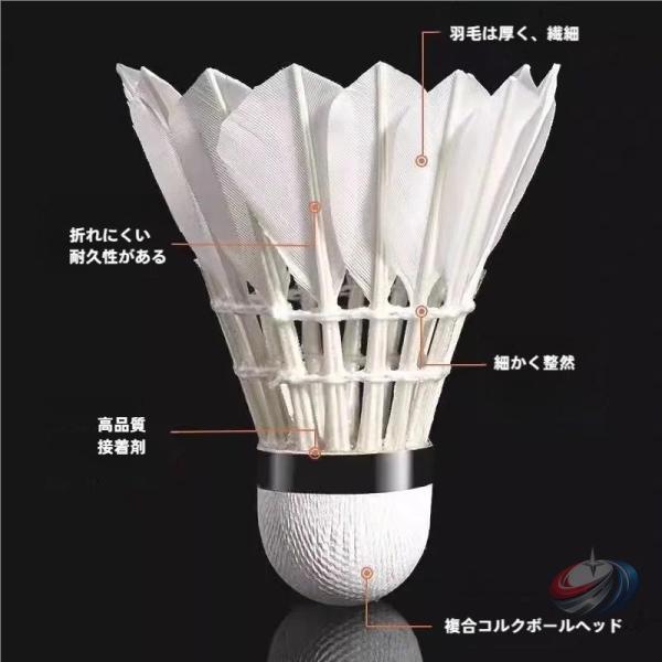 ガチョウ羽根はアヒル羽根より耐久性に優れており、1ダース（12個入り）でコストパフォーマンスがよいです -こんな方にオススメ良いシャトルなのでとにかくたくさん練習したい方に！シャトルを打つ感覚を身付ける初のシャトルとして！基礎打ちやノック練...