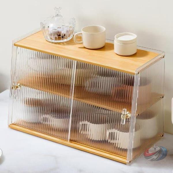 食器棚 卓上食器棚 アクリル扉 ミニ食器棚 キッチン収納棚 キッチンキャビネット 引き戸 卓上収納棚 竹製 北欧風 レンジボード 調味料入れ 収納便利 防塵 クラム
