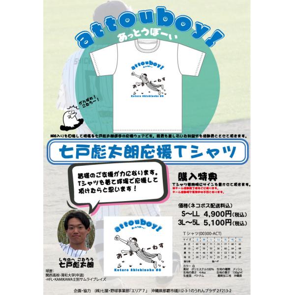 北海道フロンティアリーグ(ＨＦＬ)のＫＡＭＩＫＡＷＡ・士別サムライブレイズ所属の七戸彪太朗選手の応援Ｔシャツです。過酷な条件の独立リーガーという立場ですが、より野球に集中するためにオリジナルデザインのＴシャツを作成し、経費を除いた費用を今シ...