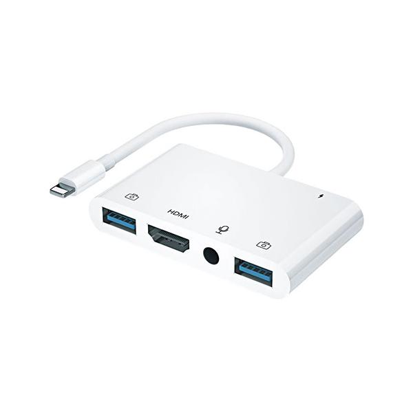 【iOSポート搭載のiPhoneやiPadの機能を拡張することができます。最大5V/2Aの給電をしながらHDMI出力 (ミラーリング)が可能で、オーディオポート(イヤホン、マイク)、USBポート×2を拡】 検索キーワード:日本トラストテクノ...