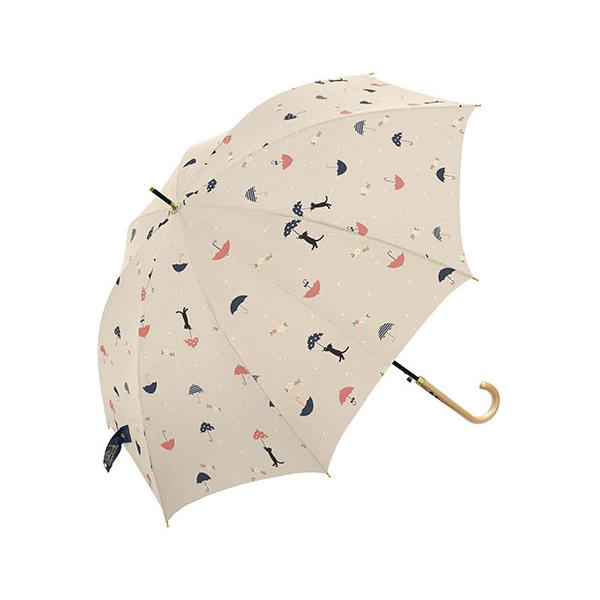 【傘に傘の総柄プリントで、ところどころに傘につかまった猫ちゃんがふわりと浮いている、ユニーク&amp;かわいいプリントの雨傘です。傘を留めるネームバンドにはシリーズ共通の金糸の猫刺繍&amp;猫のあしあとホックボタン付】 検索キーワード:　...