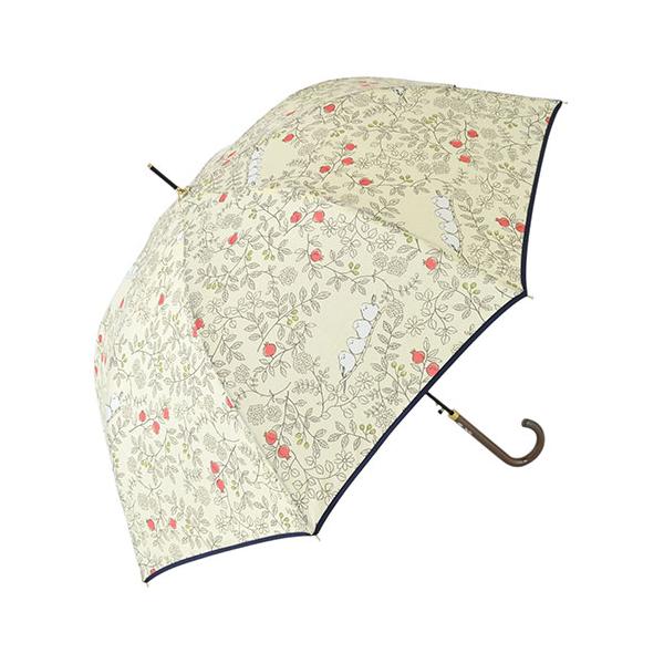【雪の妖精「シマエナガ」と赤いザクロの総柄プリントの大人かわいい雨傘ができました!!。木の枝に団子になったシマエナガさん達がとってもキュート。傘を留めるネームバンドには、シリーズ共通の金糸の花モチーフ刺】 検索キーワード:　 家庭用インテリ...