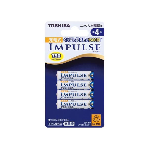 【株式会社東芝。充電式ニッケル水素電池インパルス【IMPULSE】（単4形min.750mAh 4本）】 検索キーワード:東芝|TOSHIBA 電池／充電器|　 メーカー型番:TNH-4A 4P TNH4A 4P