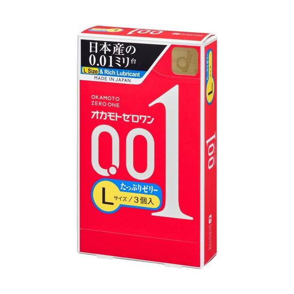 【001 ゼロワン 0.01ミリ Lサイズ たっぷりゼリー ポリウレタン 1箱3個入り】 検索キーワード:オカモト 避妊具|男性用コンドーム メーカー型番:4547691802019x10