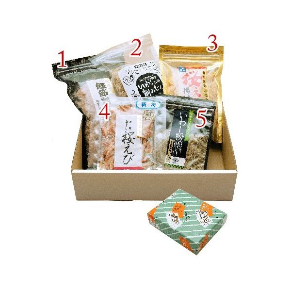 【発売日：2019年07月26日】ミネラル、ビタミン、たっぷり！ 海の滋養が凝縮。素干し桜えび、桜エビの揚げ玉、鰹節(枯本節削り節）、いわし削り節、いわし粉、以上5点の詰め合わせ。「みずたにの自然食品」セット。