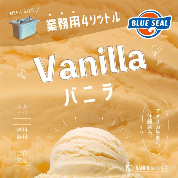 ブルーシール特選バニラフレーバー。サッパリとした風味の中にもコクがあり、沖縄で生まれ育った人なら一度は口にしたことがあるであろう、どこか懐かしい味わい。メガ盛りでお得な業務用4リットルサイズ（約50人分）。個人の方もお買い求めいただけます。...