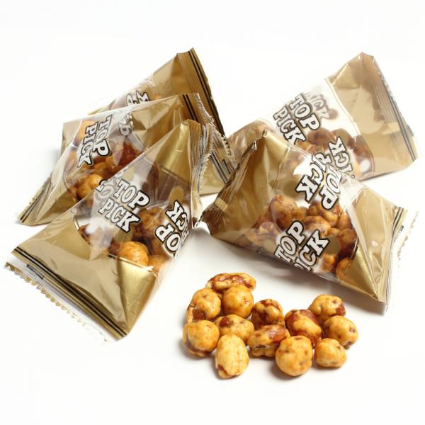 小粒の落花生に薄く生地を捲き、特製の濃厚しょうゆだれで仕上げました。軽い口当たりと深みのある味、ほんのり残る唐辛子の刺激でお酒がすすむ事からこの名が付けられました。保存に便利な一口サイズの個包装タイプです。商品名：おつまみ豆テトラパック1k...