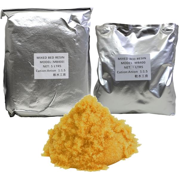 軟水工房 純水用イオン交換樹脂 9L  (5L×1袋＋4L×1袋) 新品樹脂・H+形強酸性陽イオン交換樹脂とOH?形強塩基性陰イオン交換樹脂が1：1.5で混合されている純水用イオン交換樹脂です。・すぐに使用できる混床イオン交換樹脂で純水精製...