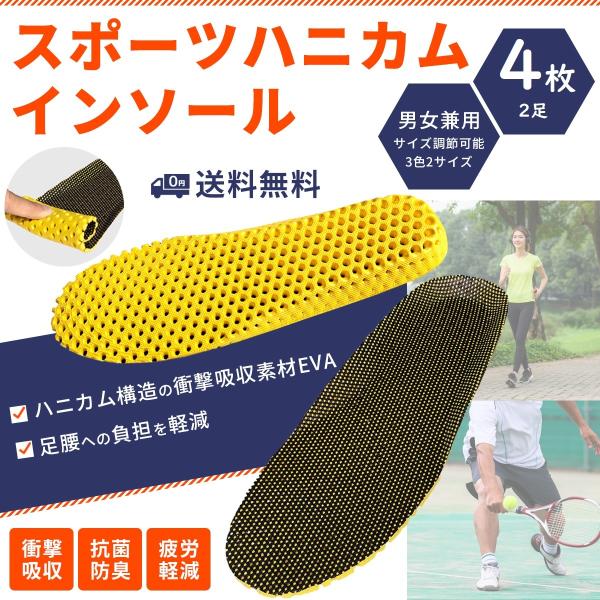【発売日：2021年01月21日】商品名：ハニカム スポーツ インソール 軽量 中敷き 衝撃吸収 底の薄い靴 ウォーキング 立ち仕事【商品の特徴】※2足4枚セットマルチホールタイプで通気性抜群。抗菌・防臭性能を大幅にアップさせてリニューアル...