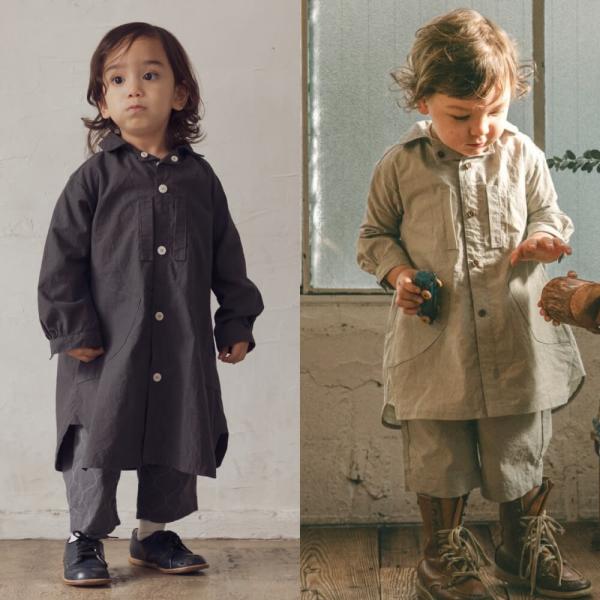 1800年代の羊飼いたちのコートをベビー服に落とし込みました。小さなラペル等細部にもこだわりがあるモードなコート。東京都は墨田区で職人が独自の染色方法で染める『東炊き』のタイプライター生地を使用、微妙なシワ加減も魅力です。