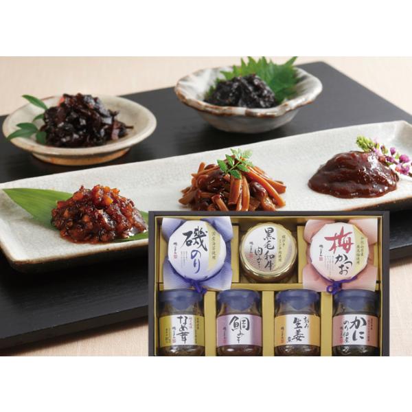 ■箱サイズ：29×18.5×6.5cm・60サイズ・1800g■商品内容：磯のり90g・梅かつお90g・黒毛和牛の肉みそ90g・柚子風味なめ茸85g・刻み生姜煮90g・鯛みそ100g・かにのり佃煮90g各1瓶［日本製］■賞味期間：製造日より...