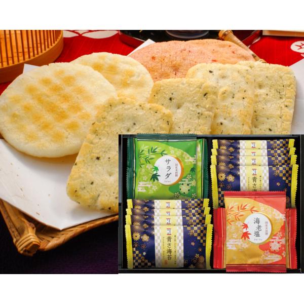 国産米100%の煎餅の詰め合わせです。国産米にこだわり、おもてなしの心を添えて丁寧に焼き上げた一品です。※メーカー専用包装紙にて包装済商品です。■箱サイズ：29×22×6.5cm■商品内容：青さ海苔煎餅×8枚、海老塩煎餅×3枚、サラダ煎餅×...