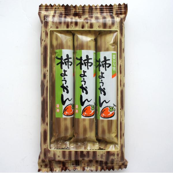 柿を練りこんだ美味しいようかんです。食べやすいスティックタイプです。 【内容量】５０ｇ×３本【原材料】砂糖、餡(白インゲン豆、白エンドウ豆、小豆)、水飴、柿、寒天【パッケージサイズ】約１８×９．５ｃｍ