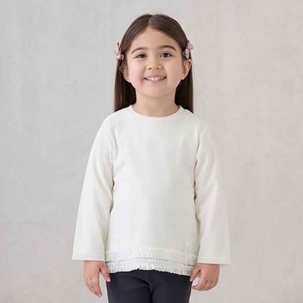 ■トドラー■シアー感のあるトップスをレイヤードした長袖Tシャツです。シンプルながら裾のチュールで、華やかな雰囲気をプラスしました。インナーの後ろ衿ぐりはゴム仕様のため、お着替えしやすいのも便利。内側にお名前を記入できるタグがついています。【...