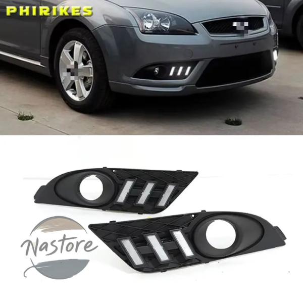 ford 1pair drl for focus 2007 sedan daytime running lights led fog head lamp cover daylight with yellow turn signal 部品 カ...