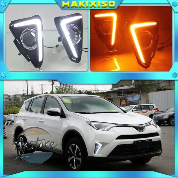 rav4 1 set 12v abs car led drl daytime running light fog lamp cover with trunning yellow signal for 2016 2017 2018 部品 カス...