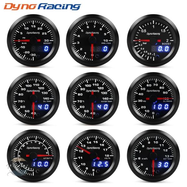 DYNORACING 2インチ 52MM 7色LEDデュアルディスプレイ ブースト 水温 油温 油圧 電圧計 空燃比 EGT タコメーター ゲージ