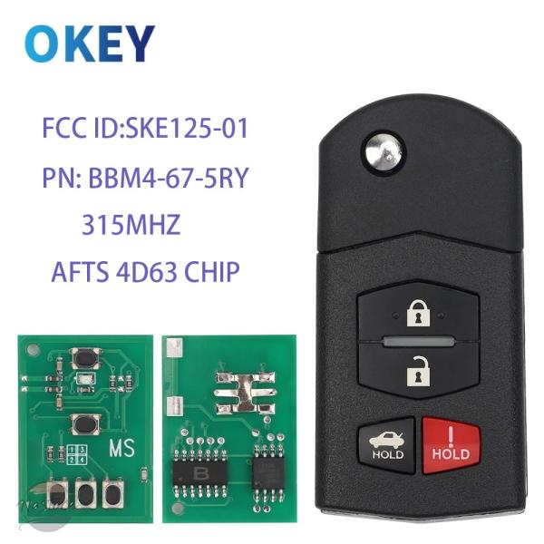 OKEY リモートフリップカーキー 315MHZ 4D63 AFTSチップ マツダ 2 3 5 6 8 CX 7 CX 9 MX 5 BGBX1T478 SKE125 01 フォブ 3/4 ボタン