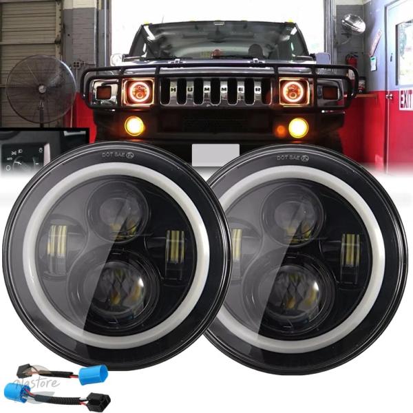 2個 7インチ LED ヘッドライト ハマー H2 2003-2009 アクセサリー フロント DRL ターンシグナル ハロー エンジェルアイ ライト 9007 コネクタ付き