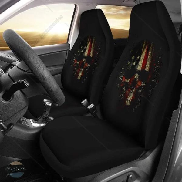 スカルアメリカ国旗カーシートカバー 2枚セット 車両シート プロテクター カーマットカバー FUNDAS DE ASIENTO DE COCHE 車 SUV 適合
