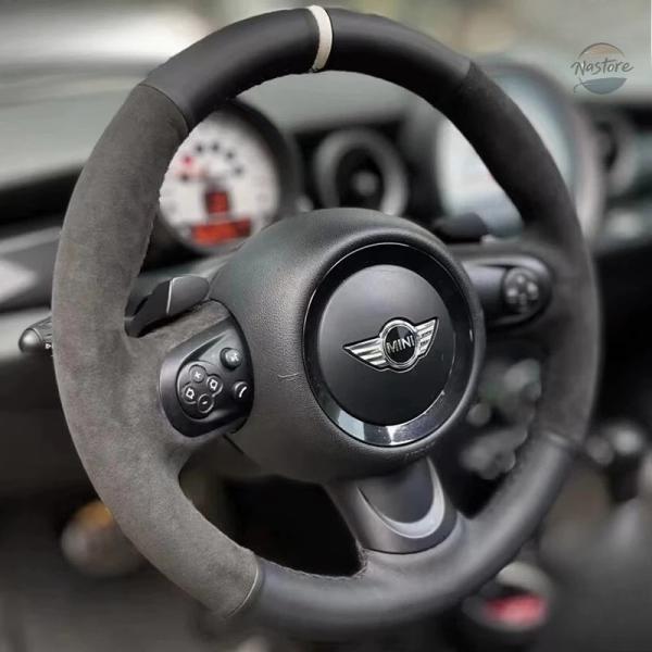 Mini Cooper Hatchback R56 R57 Clubman Clubvan Coupeに100%フィット。手縫いの本革スエード製ステアリングホイールカバー。