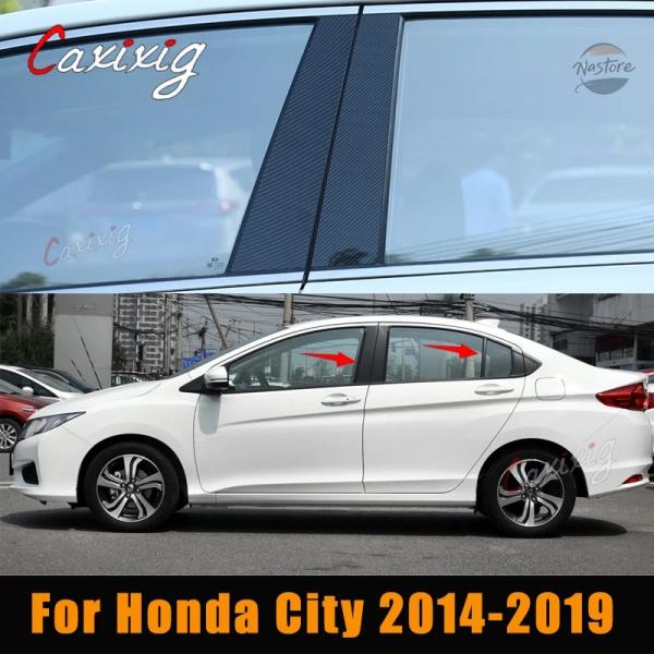 車のドア窓ピラーセンターポストトリムステッカーホンダシティ 2014-2019 Stiker PC Efek Cermin Hitam Serat Karbon 光沢のある
