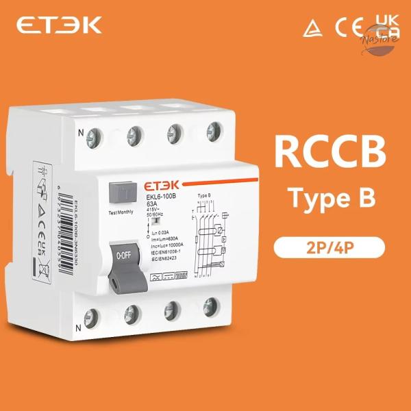 ETEK RCD RCCB タイプB 漏電遮断器 EVSE 2P 4P 40A 63A 100A 30MA 300MA EKL6 100B DINレール 220V