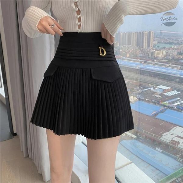 ZWARTE GEPLOOIDE ROKKEN VROUWEN HOGE TAILLE MINI ROK METALEN LETTER D ONTWERP A LIJN クラブウェア KOREAANSE セクシー ストリートウェア TONE...