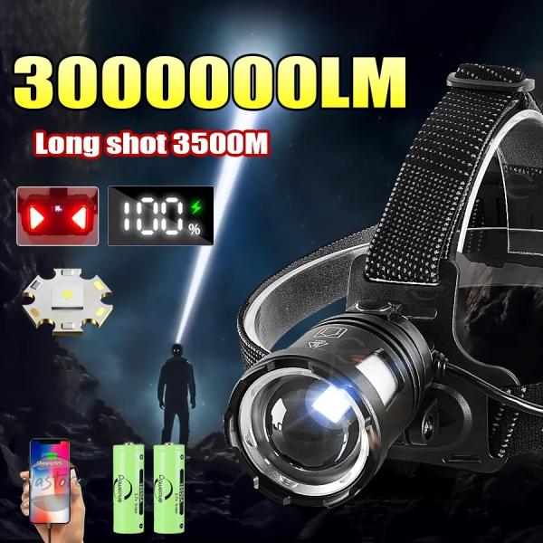 ヘッド ヘッドライト 3000000lm 最強 led ライト 充電式ランプ 屋外作業 18650 防水ズームランタン ポータブル 部品 カスタムパーツ アクセサリー