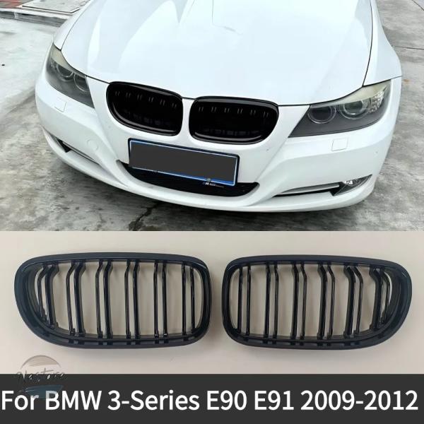 BMW 3シリーズ E90 E91 2009-2012 光沢ブラック 2ラインインレットミドルメッシュフロントグリルグリッドバンパーグリルチューニングトリム