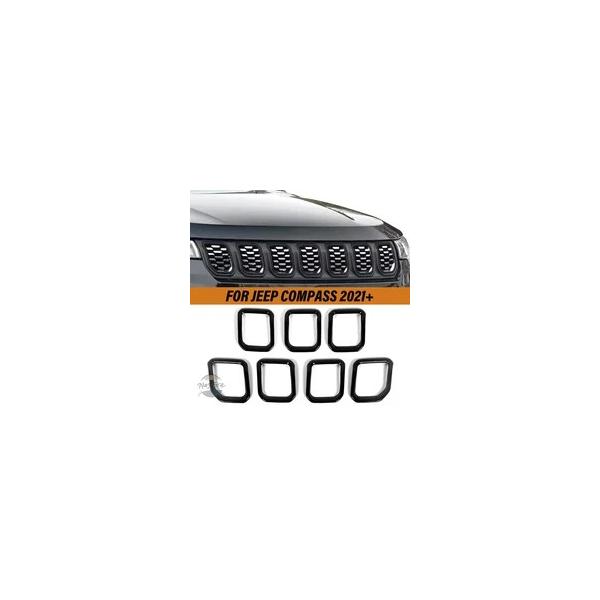 7PCS カー グリル インサート フロント グリル カバー リング フレーム トリム キット ジープ コンパス 2021 2022 2025 外装 アクセサリー