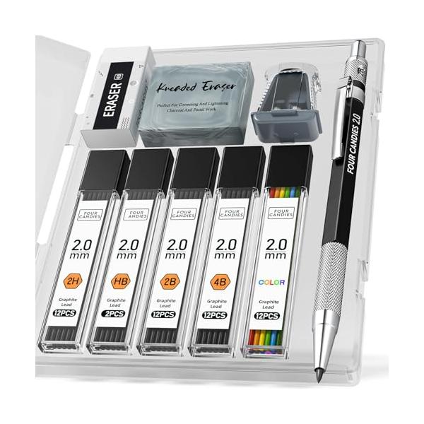 2.0×1複数色/-/-・Style:2.0×1・プロフェッショナルセット2.0mm製図用シャープペンシル1本、2H、HB、2B、4B、カラー芯各1本（計60本）、練り消しゴム1個＆4B消しゴム1個、ミニ2穴鉛筆削り、収納ケース。・実用的な...