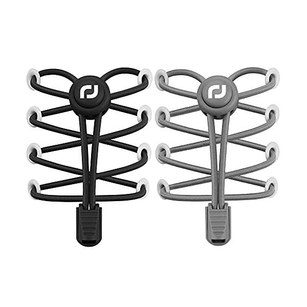 靴ひも黒+グレー/2ペア/-・Size:2ペアColor:黒+グレー・パッケージ個数:1・もう、結ばない従来の靴紐概念を捨て去れ。この結ばない靴紐は、履くたびに繰り返される「結ぶ」動作そのものを歴史から抹消します。高弾性ゴムと精密計算された...