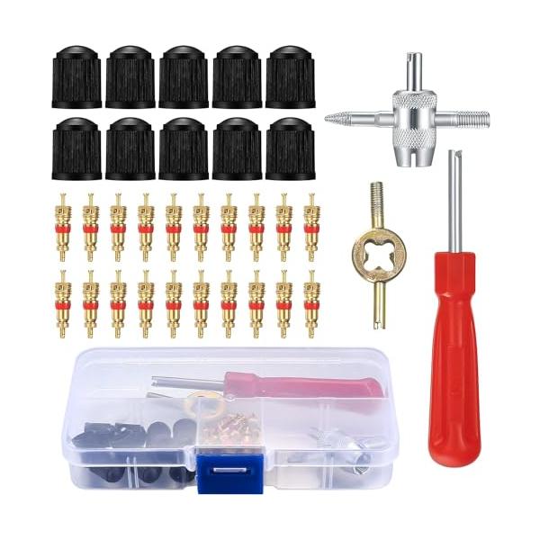 パーケージ内容バルブキャップ×10PCS、バルブコア×20PCS、片口バルブコアツール×1PCS、四方バルブツール×1PCS、小型レンチ×1PCS、計33PCSあります。・高品質な素材高品質の材料で作られています。プラスチックと金属の組み合...