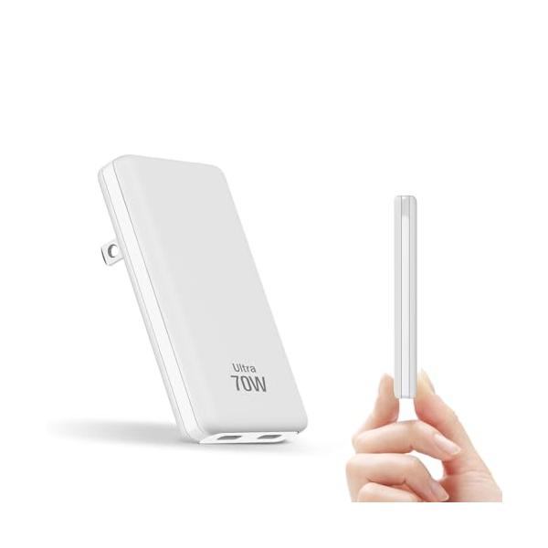 ホワイト/-/-・Color:ホワイト・?究極薄さ12.8mm従来のノートパソコン充電器より随分の薄さを実現しました！厚さわずか12.8mm薄さで70wの高出力の誇りも自慢できる急速充電器が登場。スリムのに2つのポートを搭載し、2台のデバイ...