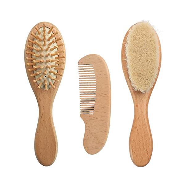 パッケージ個数:3・サイズウールブラシ：18cm×5cm×3cm、ベビー くし：13.5cm×4cm×1cm、マッサージコーム：18cm×5cm×3cm・3個セット柔らかくて繊細なヤギの毛のベビーブラシと天然木の櫛で，赤ちゃんの細い髪と柔ら...