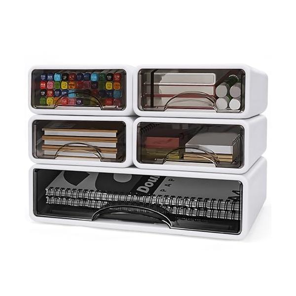 ホワイト/M/044741・Size:M・『書類ケース・お得な5個セット』サイズ：16.8cmＸ25cmＸ7.3cm(A5サイズ・4個）/34cmx25cmx9cm(A4サイズ・1個）/材質：ポリプロピレン/散らかりがちなデスクの周りをスッ...