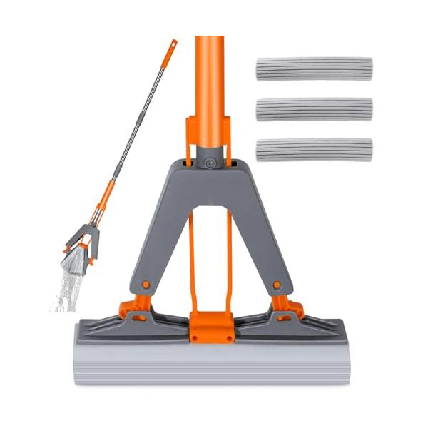 オレンジ スポンジ/27*5*125cm/9009・Color:オレンジ スポンジ・パッケージ個数:1・清潔力強く 手が汚れないスポンジモップは、普通のモップより吸塵力が優れていて、家事の効率がUPする。本体サイズ：幅28cmx長さ98〜1...