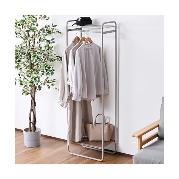 上棚・下棚付きグレージュ/幅51×奥行30.5×高さ161cm/GHR-50(DOK/MGG)・Color:グレージュStyle:上棚・下棚付き・パッケージ個数:1・棚付きハンガーラック上棚・下棚付きなので衣類と一緒にバッグや帽子も収納でき...