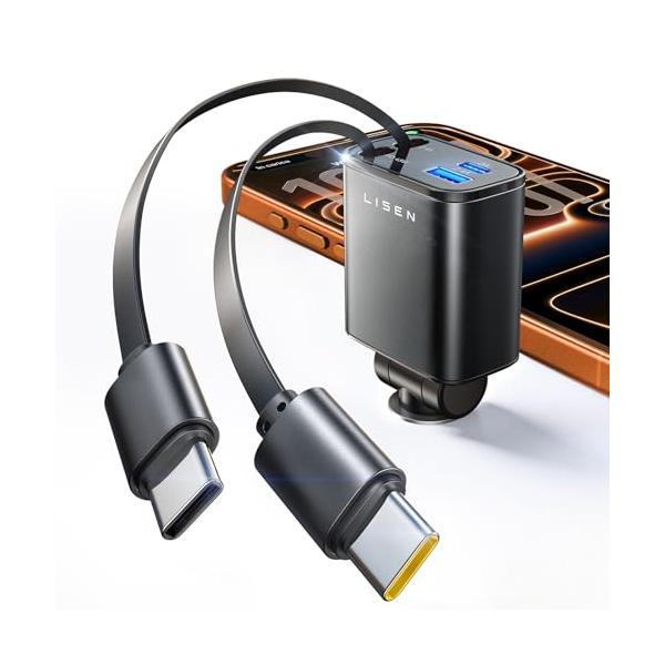 影鉄/USB-C+USB-C/-・Size:USB-C+USB-CColor:影鉄・スマート電力分配 &amp; デュアルUSB-Cケーブル内蔵LISEN しがーソケット usb 急速充電、業界をリードする合計84W出力を実現。PD規格によ...