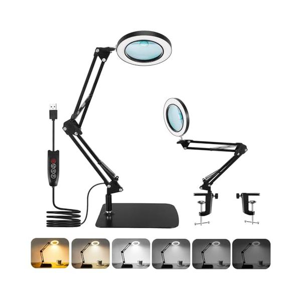 ブラック/中/DZ0923・Shape:四角い台座・2in1の拡大鏡：LEDライト付きの拡大鏡は、重厚なベースと安定性を提供し、作業中に優れた照明を提供します。底部には4つの滑り止めのゴム足が付いており、安定した作業環境を提供します。クラン...